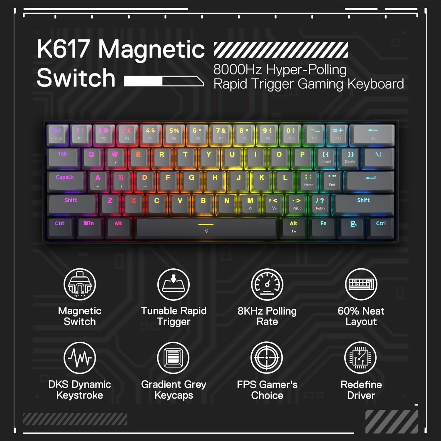 Fizz K617 60% Wired Mechanical Keyboard Mystic Grey (Magnetic Switch ...