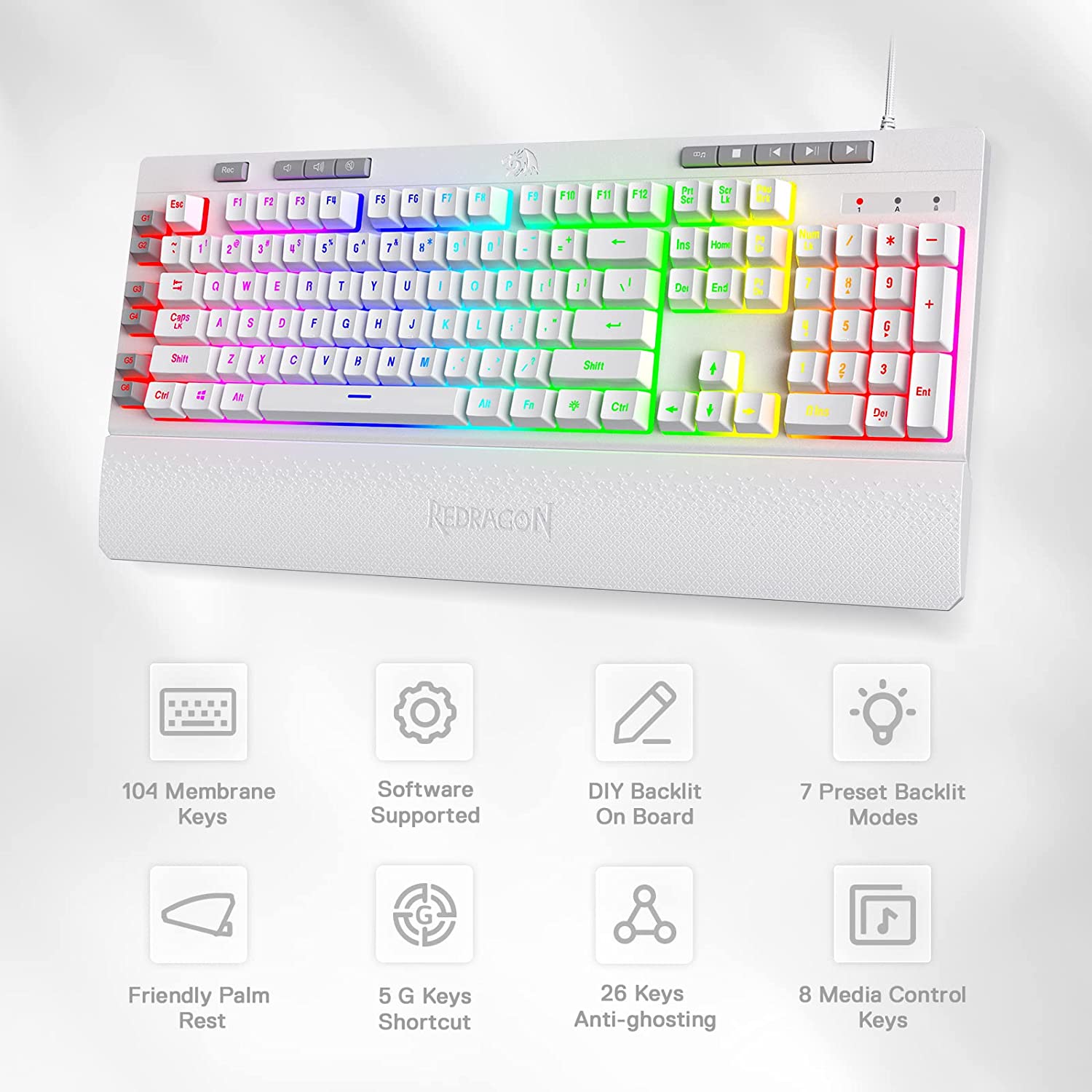 Shiva K512- Wired Membrane Keyboard RGB White – Redragon India