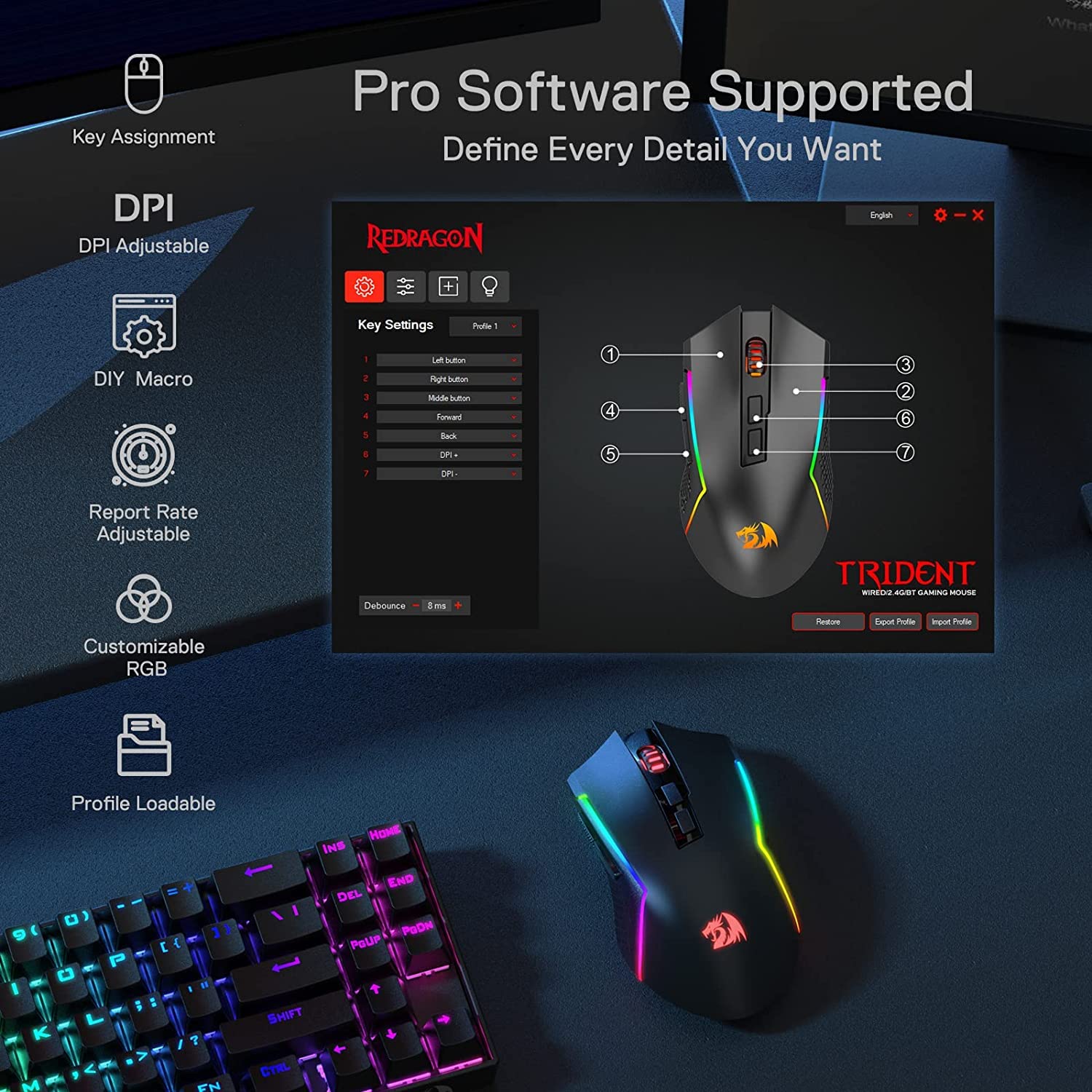 Trident Pro M693 RGB Wired, Wireless and Bluetooth Mouse – Redragon India